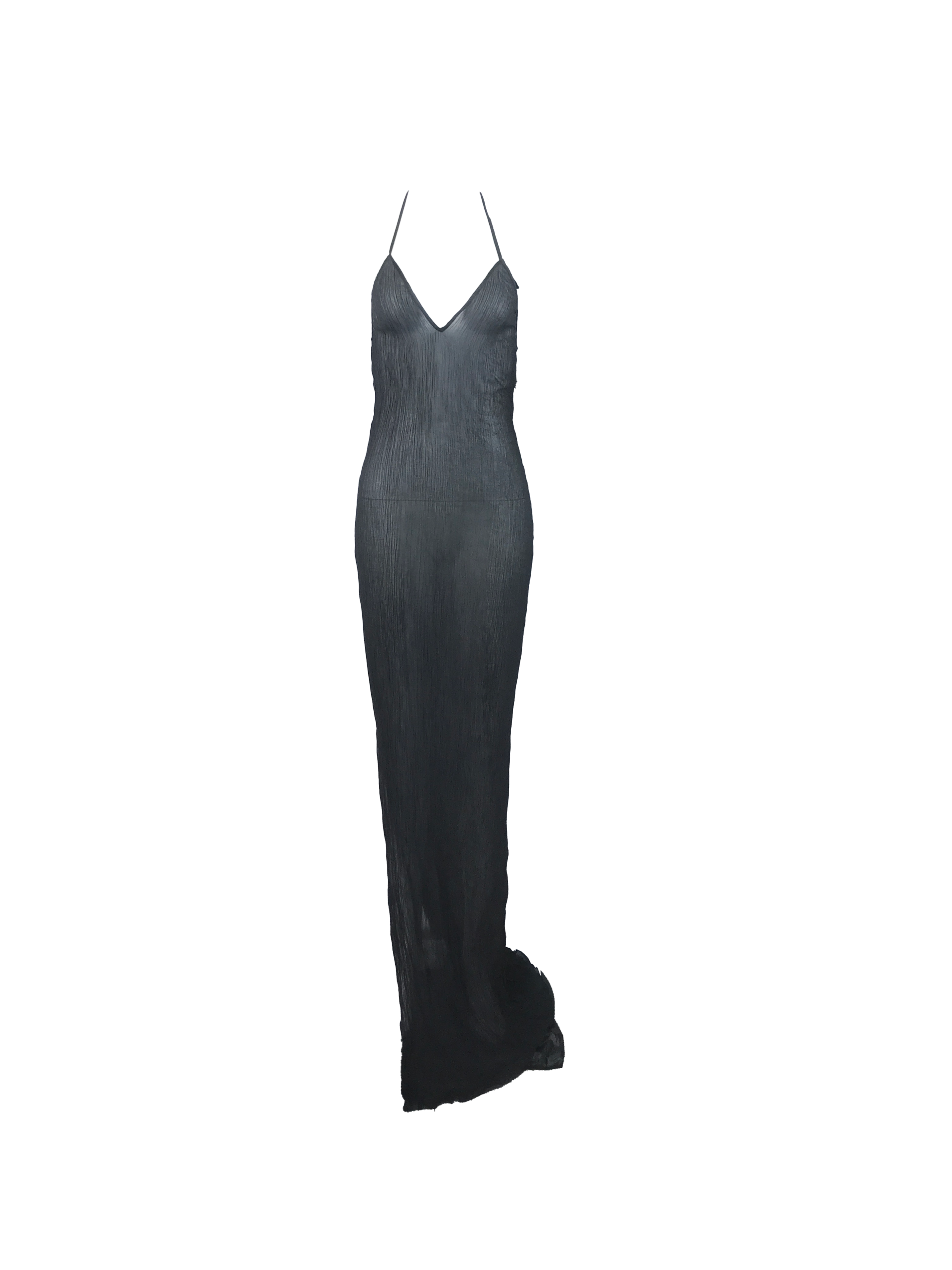 S/s 2002 Sheer Asymmetric Micro Pleats Black Halter Maxi Dress – Poesy ...